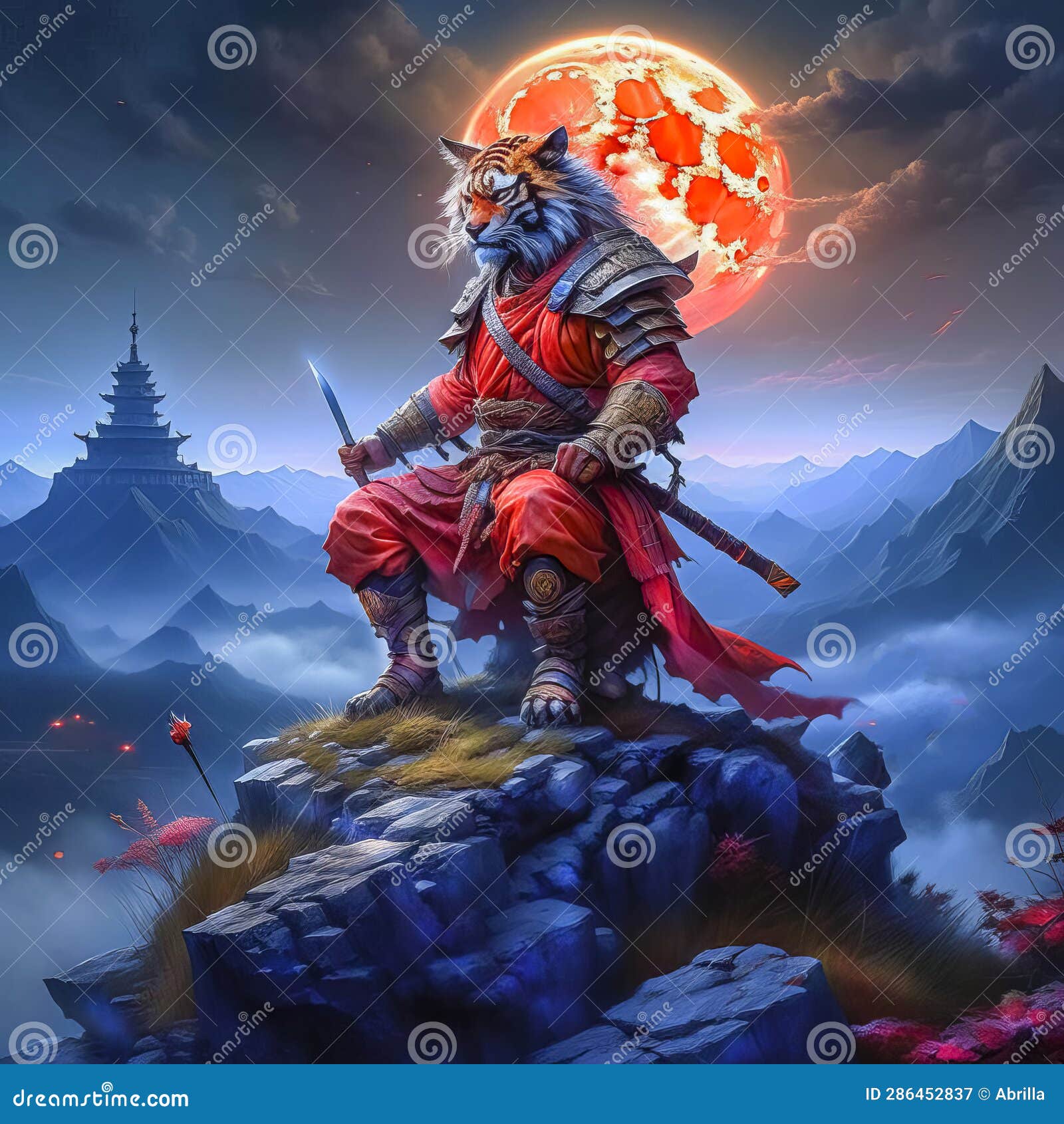 Noble Tiger Samurai in Armor, Tiger Samurai on the Mountain in the Full ...