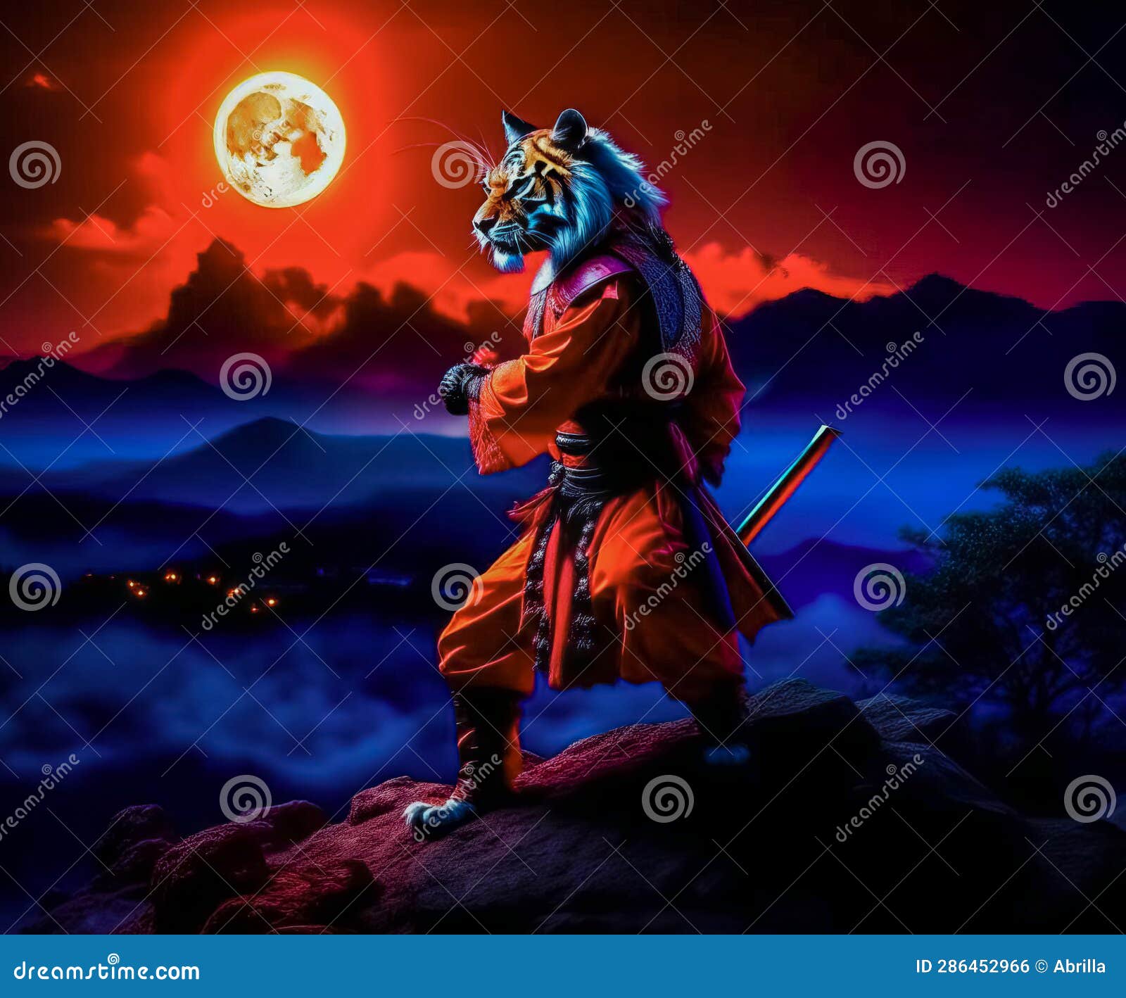 Noble Tiger Samurai in Armor, Tiger Samurai on the Mountain in the Full ...