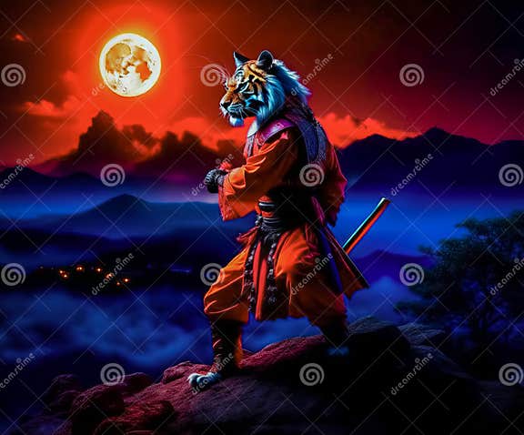 Noble Tiger Samurai in Armor, Tiger Samurai on the Mountain in the Full ...