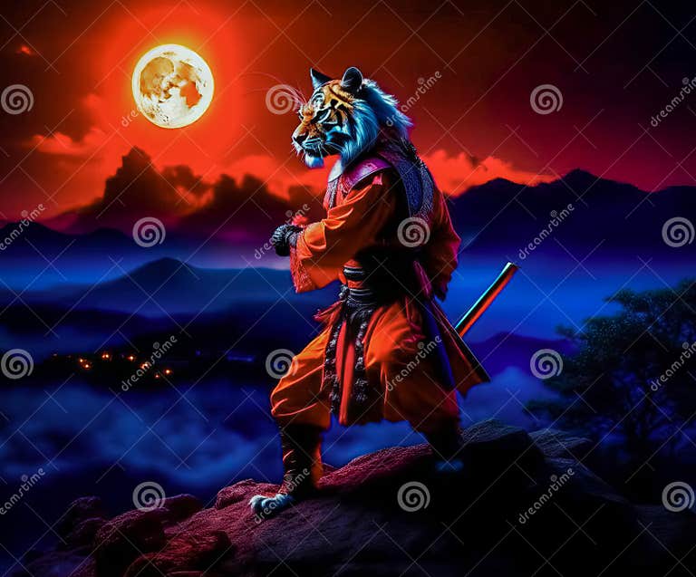 Noble Tiger Samurai in Armor, Tiger Samurai on the Mountain in the Full ...