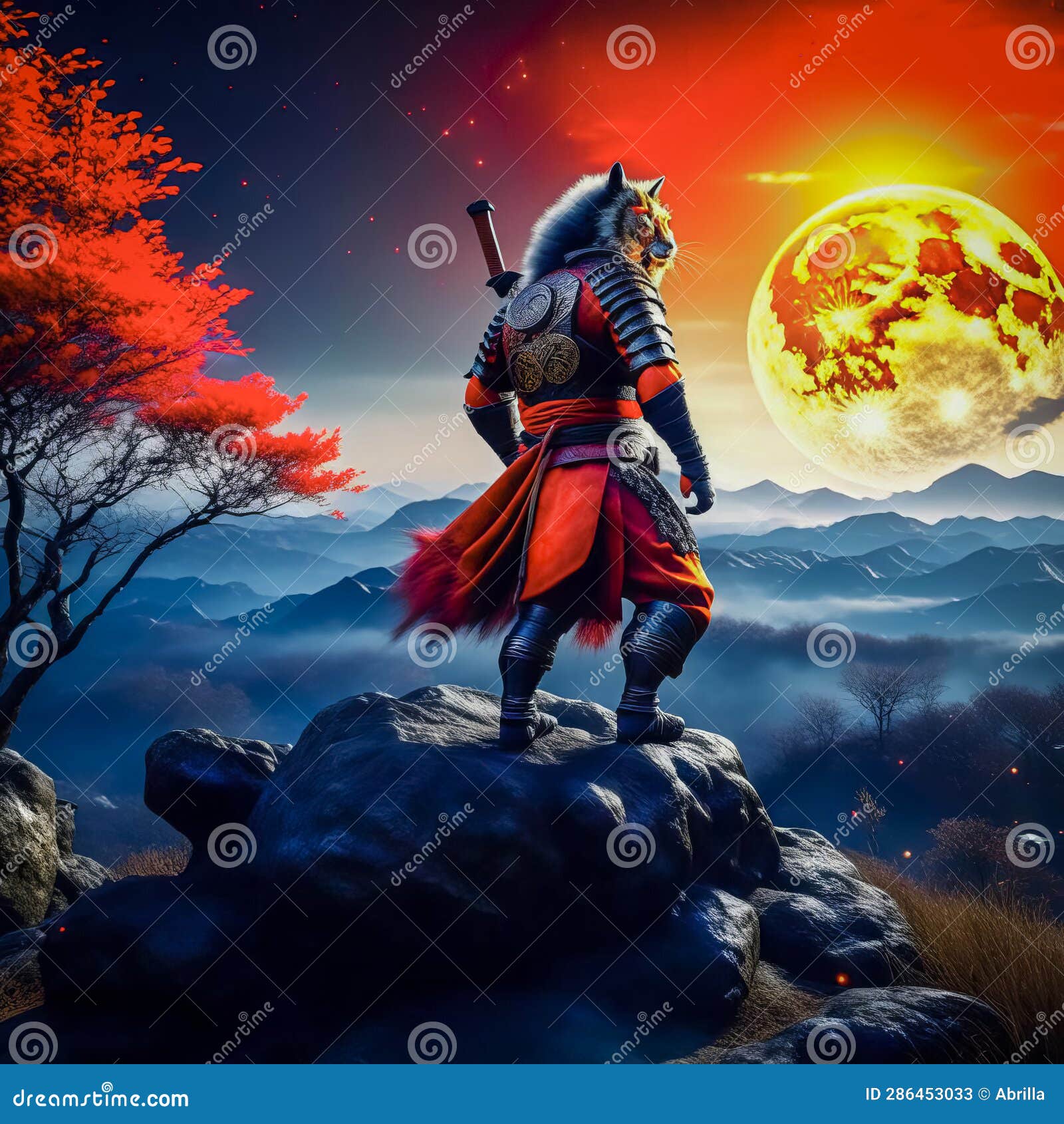 Noble Tiger Samurai in Armor, Tiger Samurai on the Mountain in the Full ...