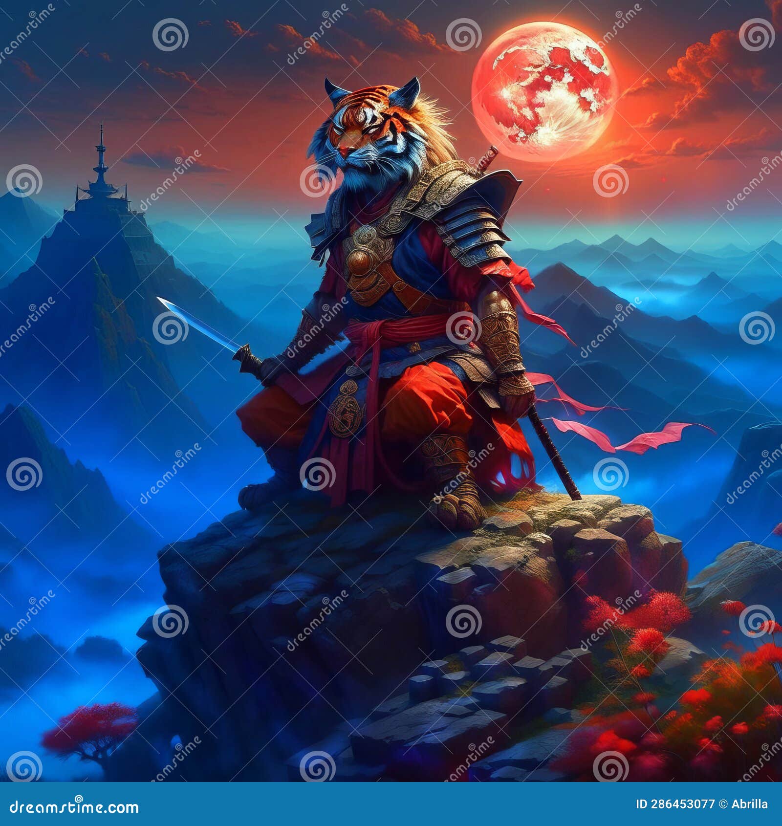 Noble Tiger Samurai in Armor, Tiger Samurai on the Mountain in the Full ...