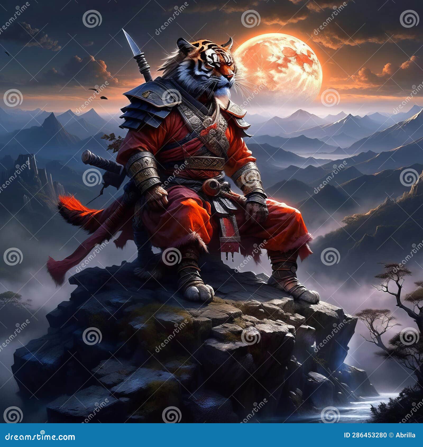 Noble Tiger Samurai in Armor, Tiger Samurai on the Mountain in the Full ...