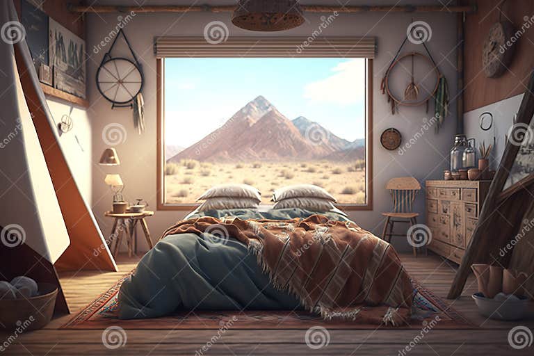 Nomadic Style Bedroom Interior Background, 3d Render Stock Illustration ...