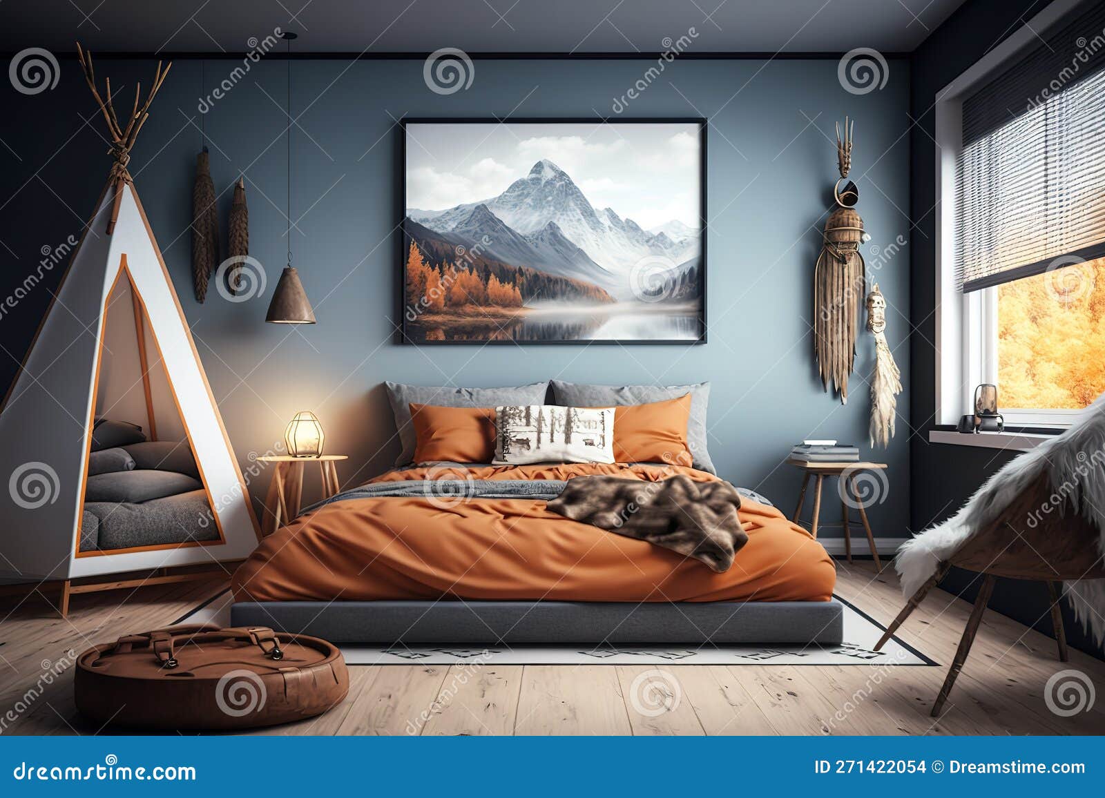 Nomadic Style Bedroom Interior Background, 3d Render Stock Illustration ...