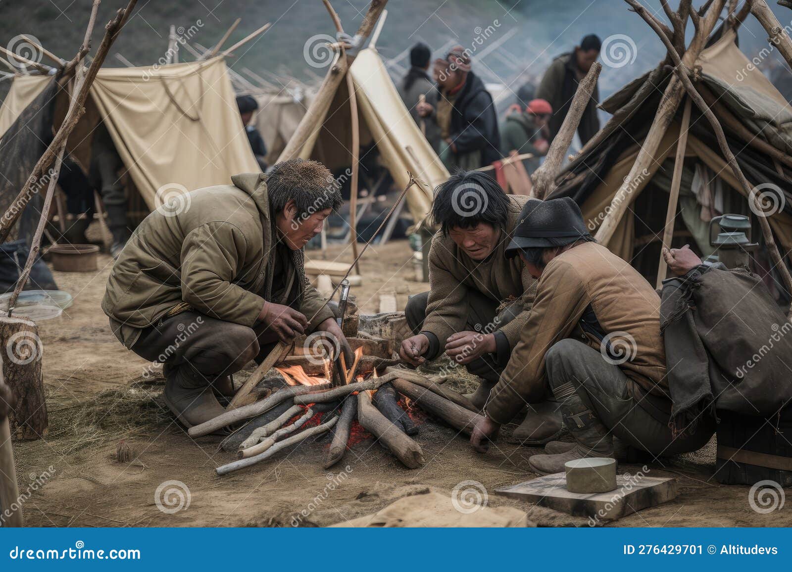 Nomadic Tribe, Traveling On Horseback Through The Open Grasslands Stock ...
