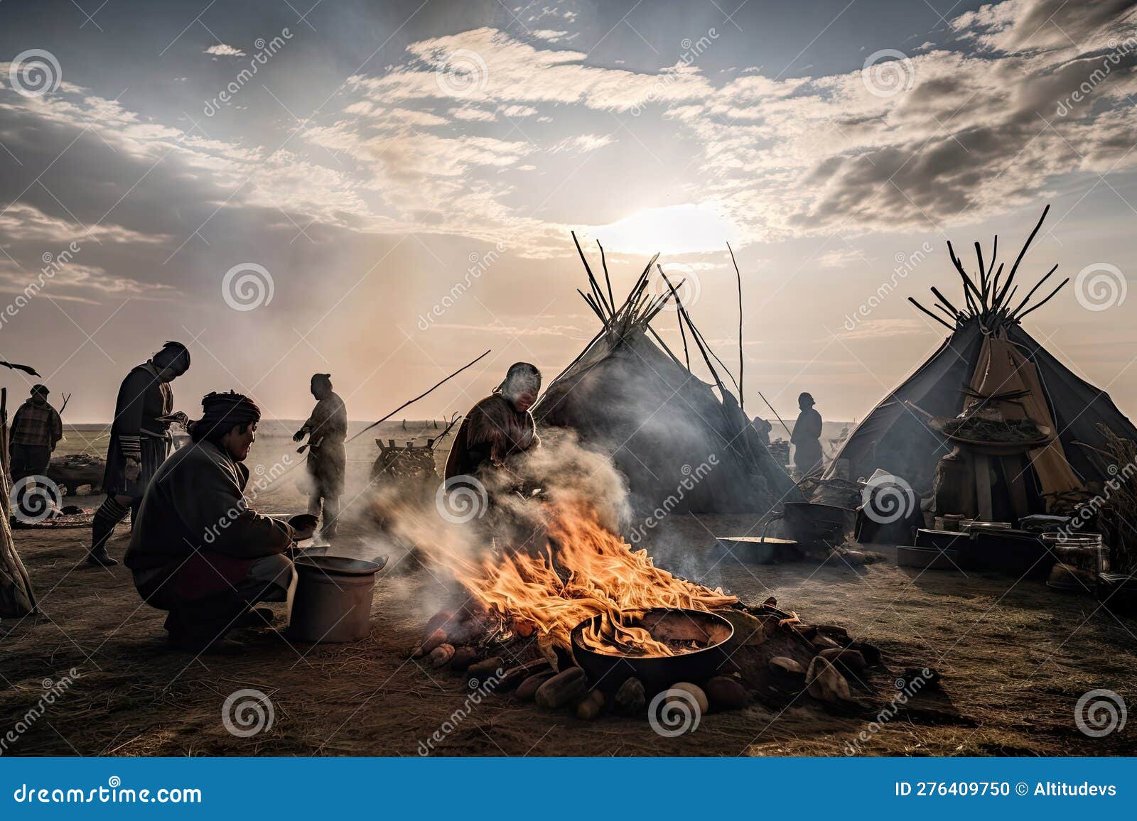 Nomadic Tribe Cooking Over Open Fire, with Smoke Rising into the Sky ...
