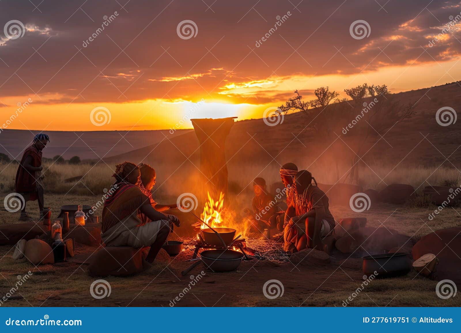 Nomadic Tribe Cooking Over Open Fire, with View of the Sunset Stock ...