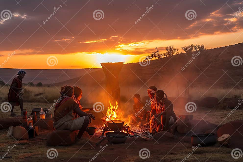 Nomadic Tribe Cooking Over Open Fire, with View of the Sunset Stock Illustration - Illustration ...