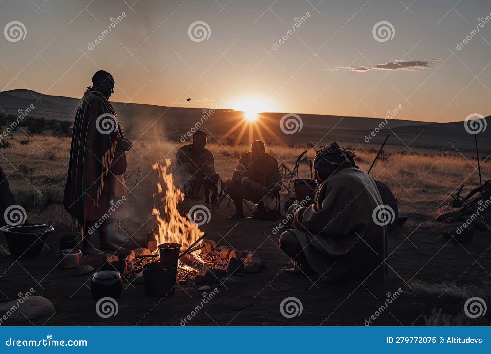 Nomadic Tribe, Traveling On Horseback Through The Open Grasslands Stock ...