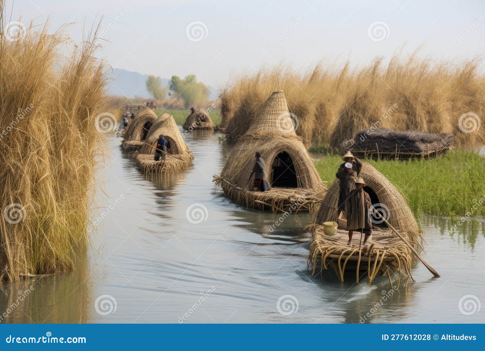 Nomadic Tribe Crossing River on Rafts Made of Reeds Stock Illustration ...