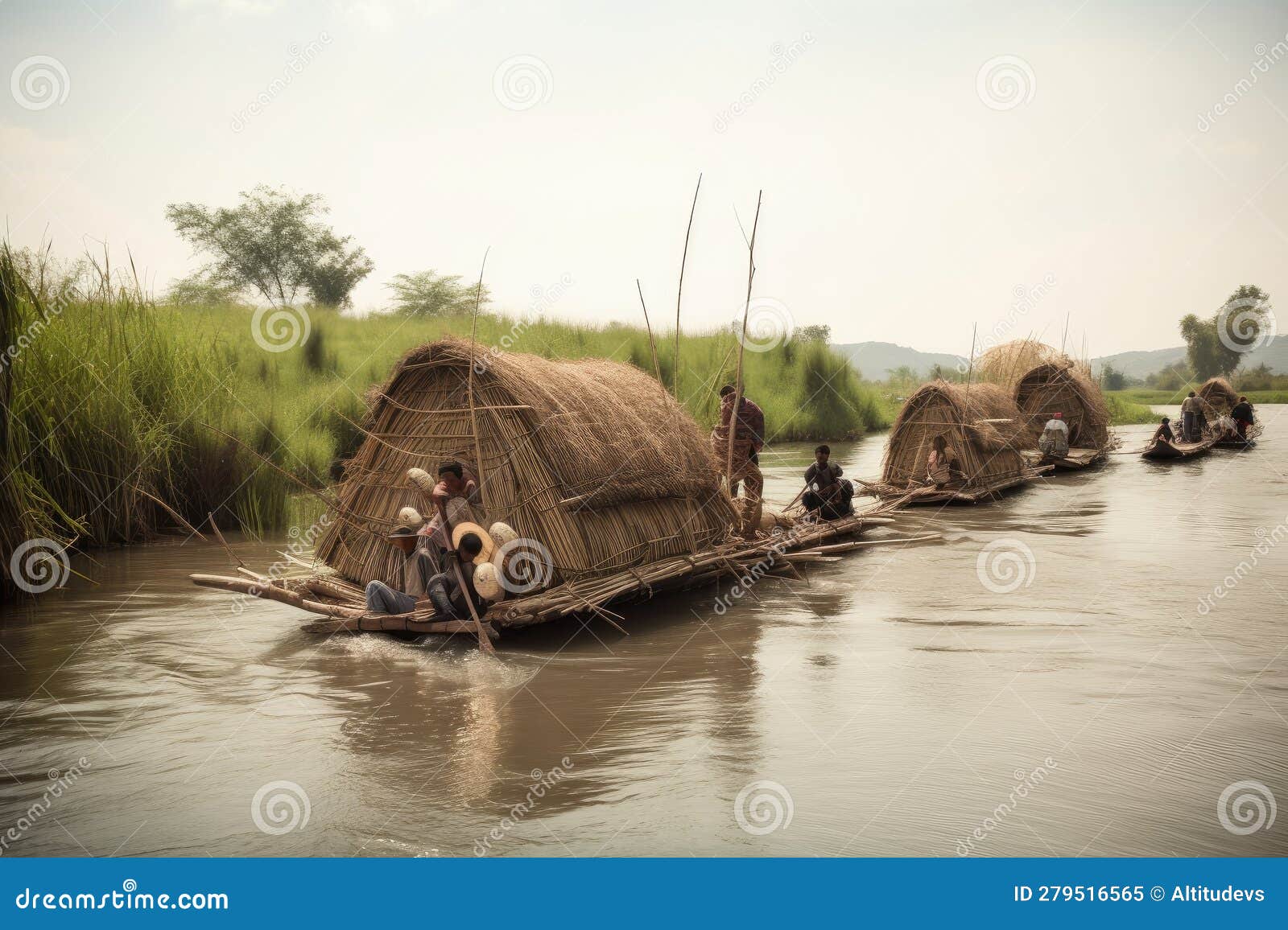 Nomadic Tribe Crossing River on Rafts Made of Reeds Stock Illustration ...