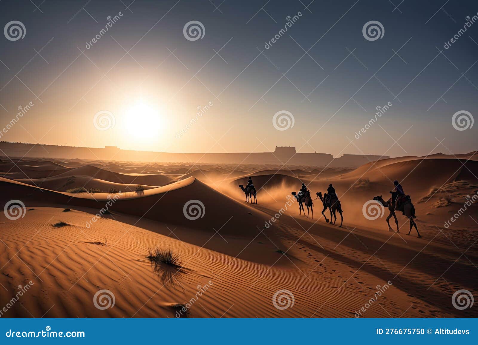 Nomadic Tribe Crossing a Vast Desert, with the Sun Setting Behind Them ...