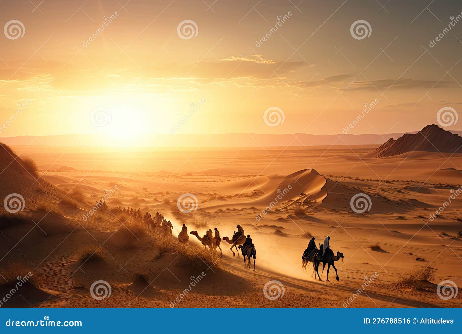 Nomadic Tribe Crossing a Vast Desert, with the Sun Setting Behind Them ...