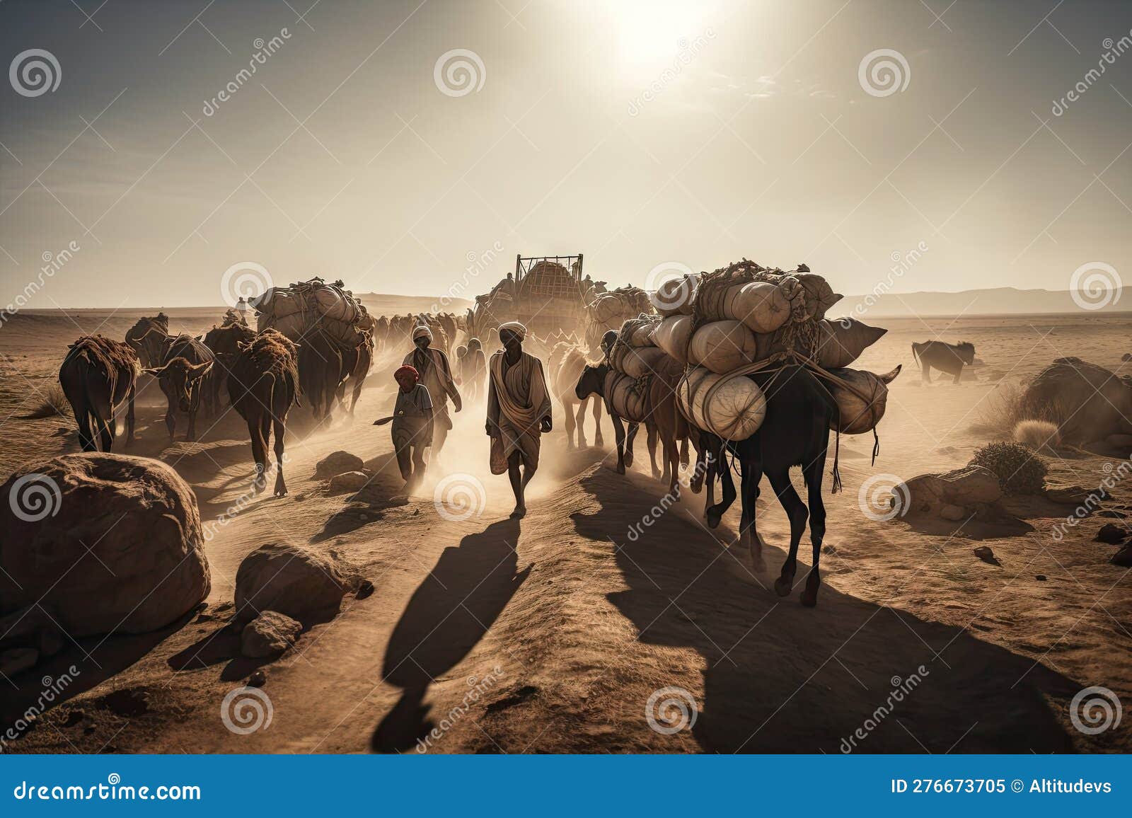 Nomadic Tribe Setting Up Camp With Tents, Animals, And Fire Stock Photo ...