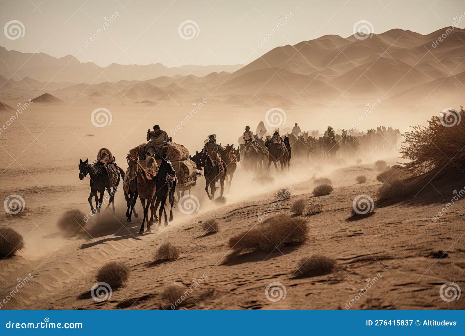 Nomadic Tribe Moving with Their Herd of Horses in the Desert Stock ...
