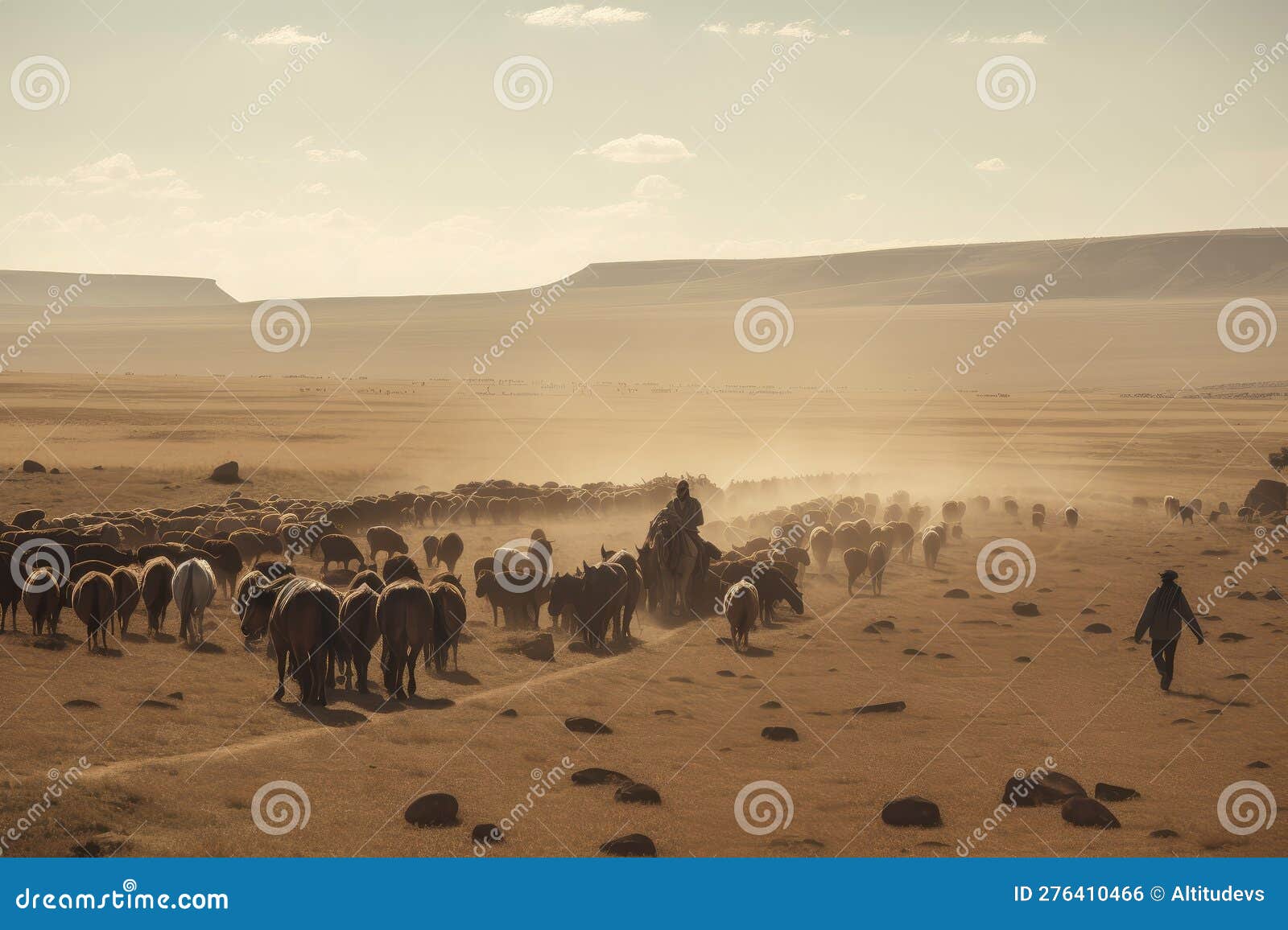 Nomadic Tribe Setting Up Camp With Tents, Animals, And Fire Stock Photo ...
