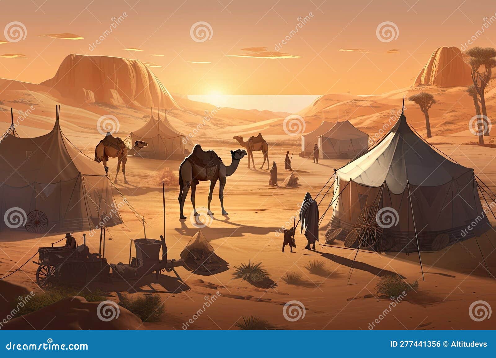 Nomadic Tribe Setting Up Camp in Desert, with Tents and Animals Stock ...