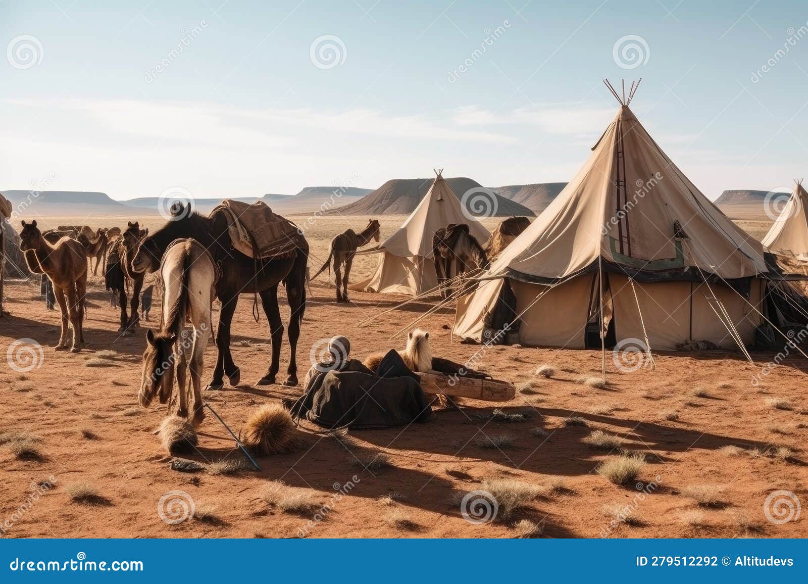 Nomadic Tribe Setting Up Camp in Desert, with Tents and Animals Stock ...