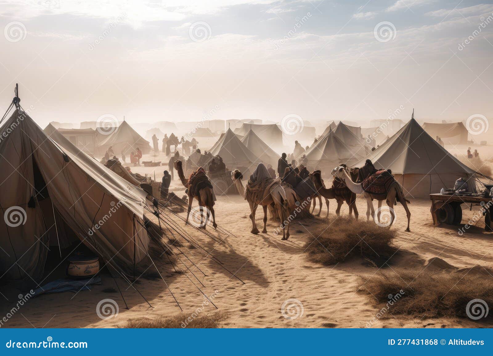 Nomadic Tribe Setting Up Camp in the Desert, with Tents and Camels ...