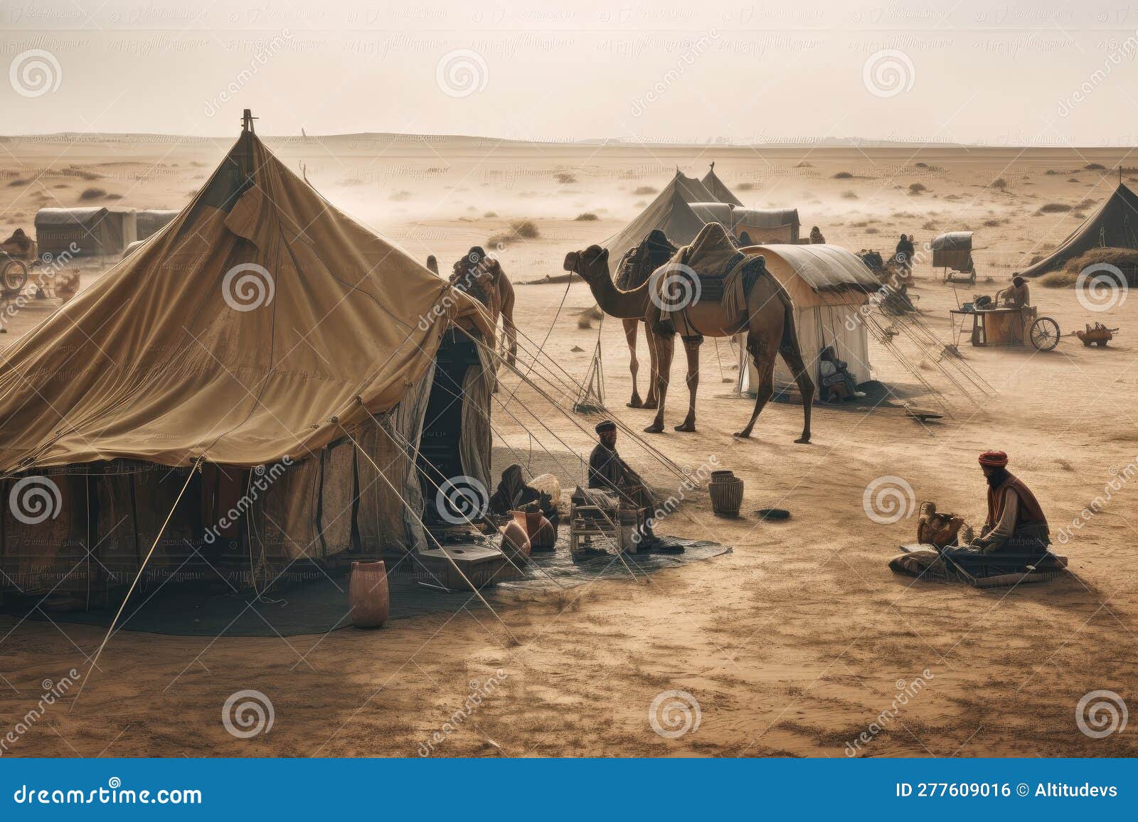 Nomadic Tribe Setting Up Camp in the Desert, with Tents and Camels ...