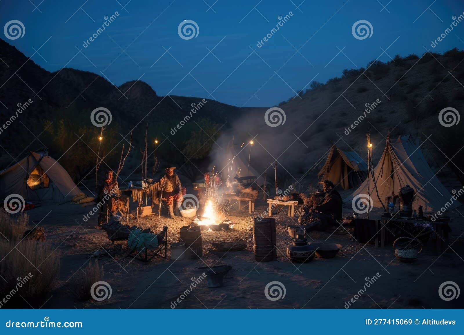 Nomadic Tribe Setting Up Camp for the Night, with Lanterns and Fires ...