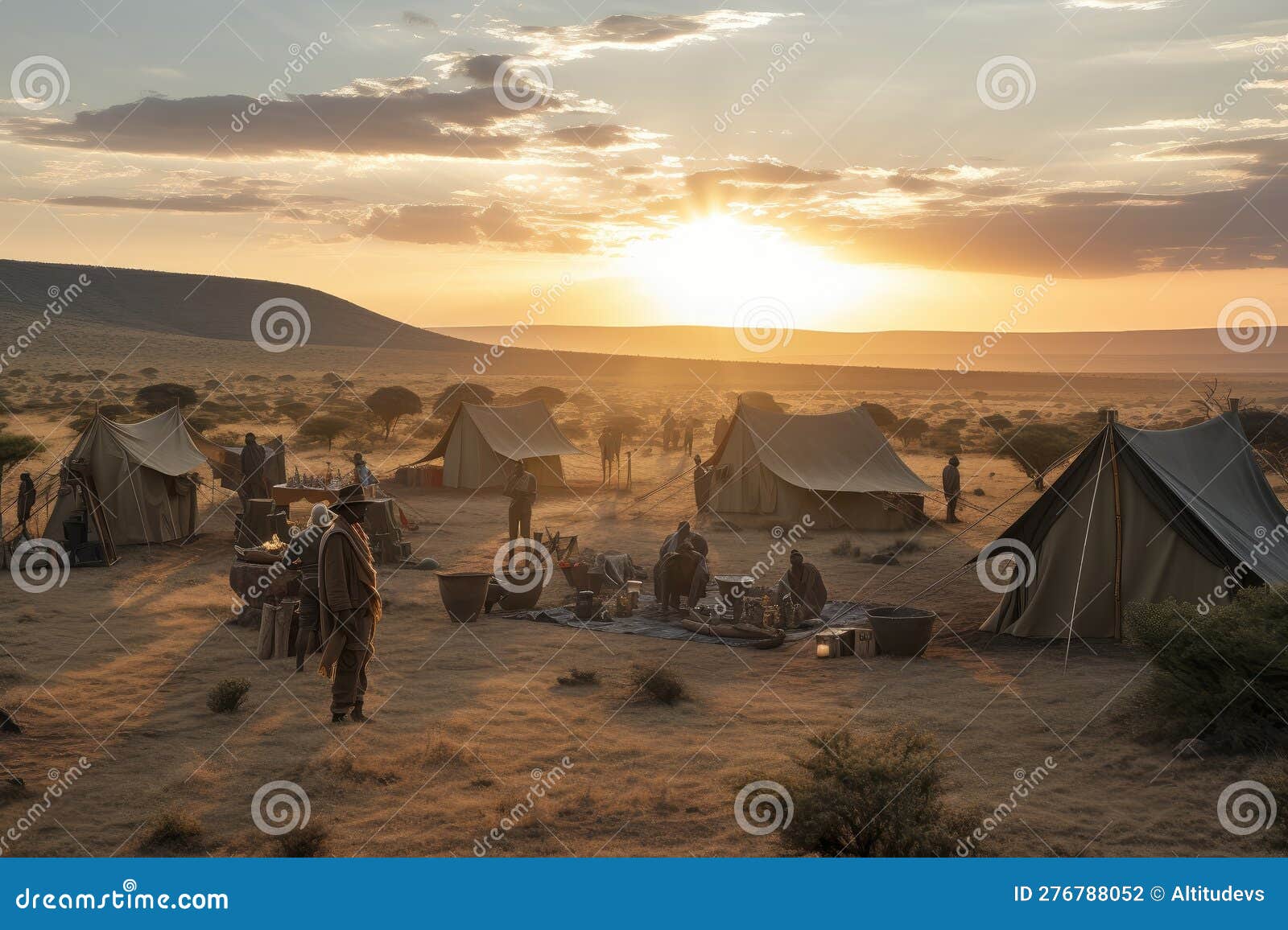 Nomadic Tribe Setting Up Camp at Sunset, with Views of the Surrounding ...