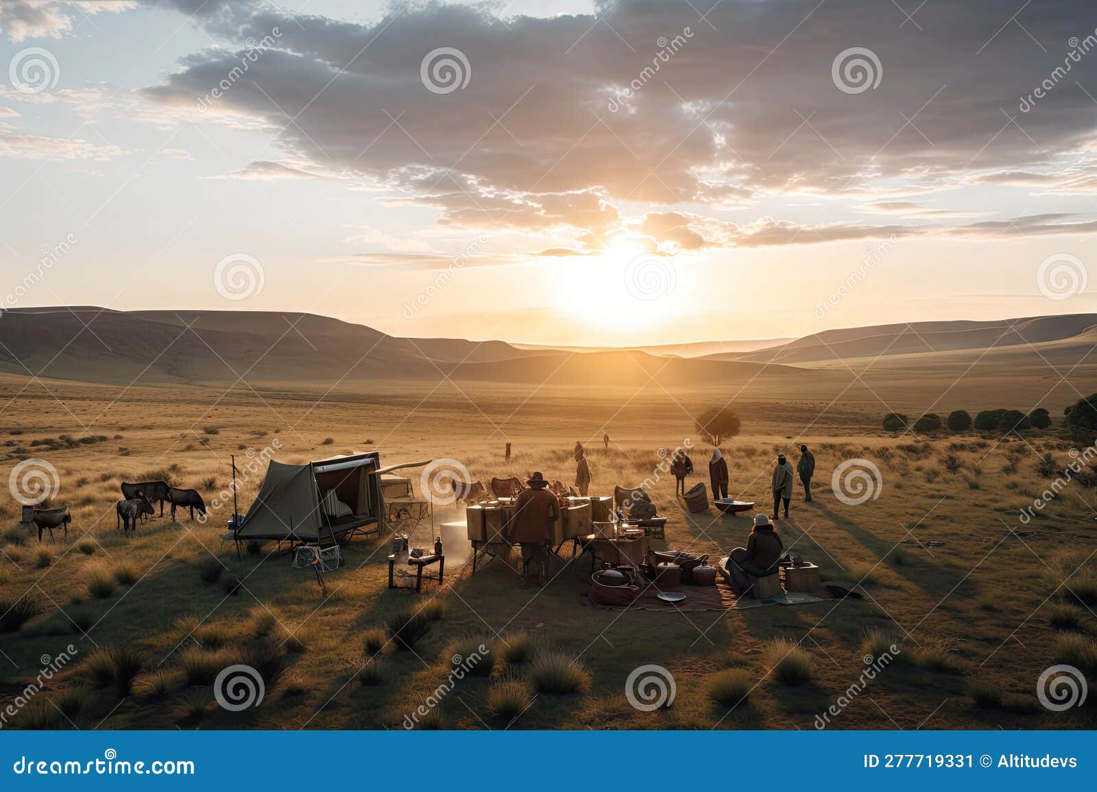 Nomadic Tribe Setting Up Camp at Sunset, with Views of the Surrounding ...