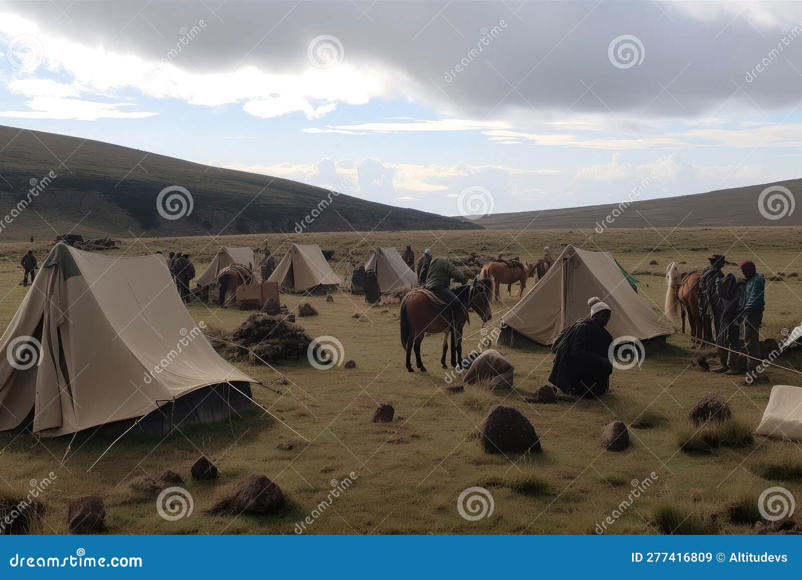 Nomadic Tribe Setting Up Camp, with Tents and Belongings Stock ...