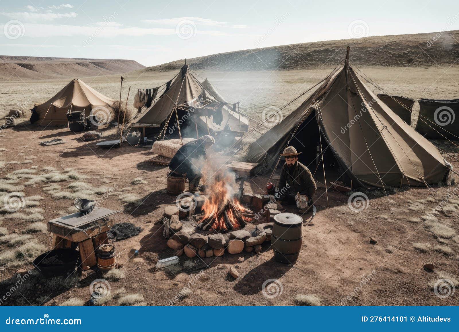 Nomadic Tribe Setting Up Camp with Tents, Fire, and Cooking Pots Stock ...