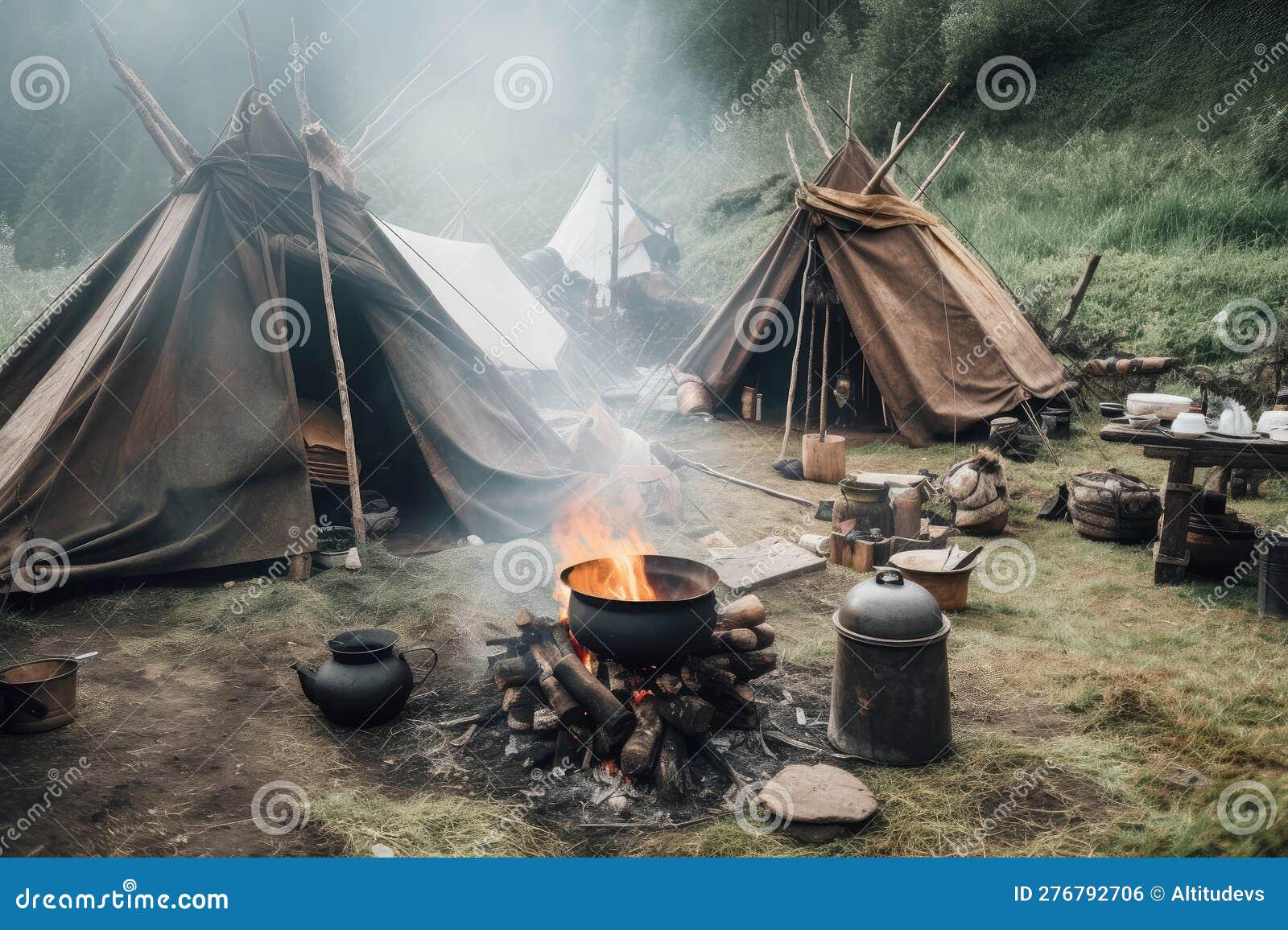 Nomadic Tribe Setting Up Camp with Tents, Fire, and Cooking Pots Stock ...