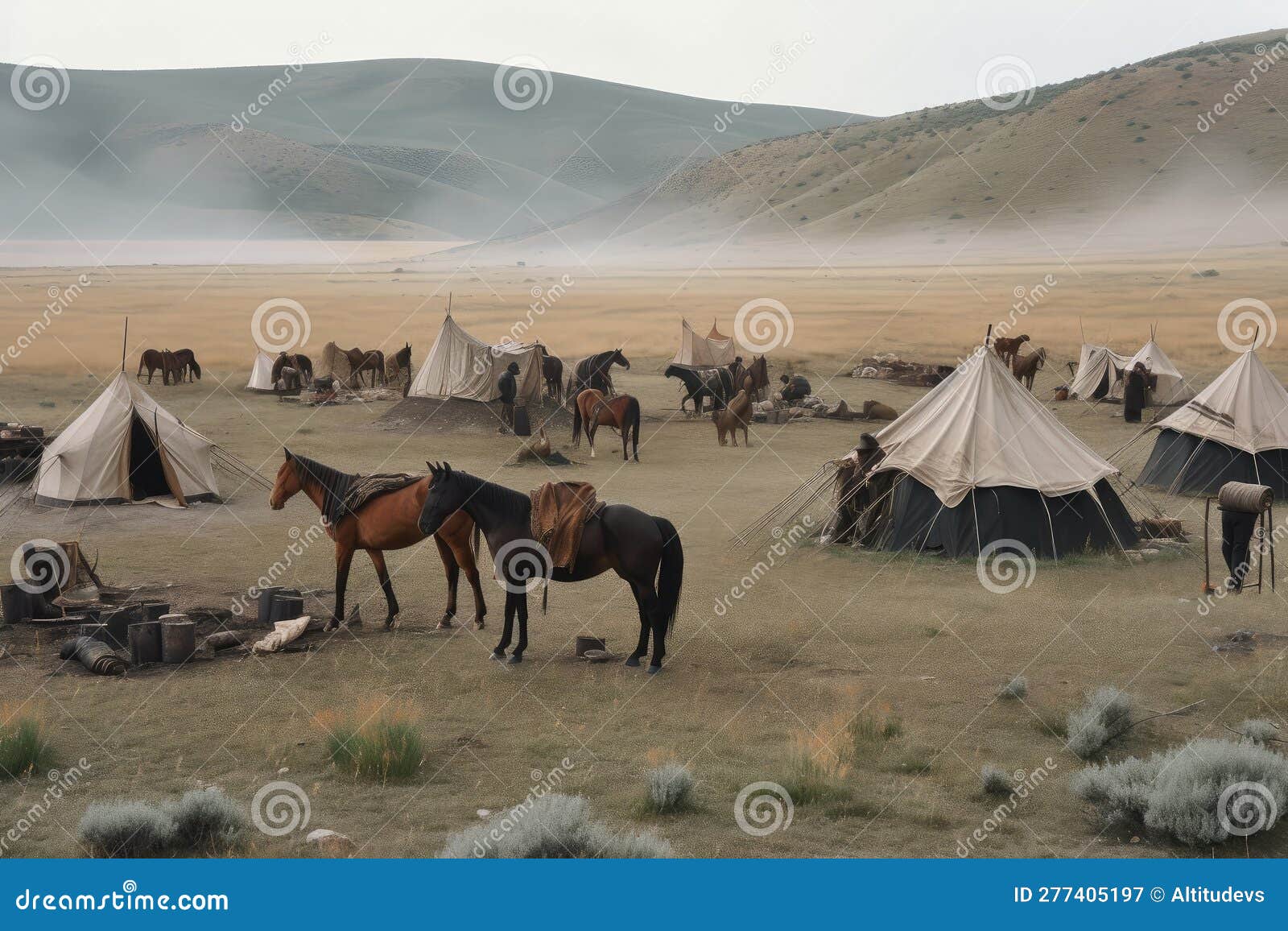 Nomadic Tribe Setting Up Camp, with Tents and Horses Visible Stock ...