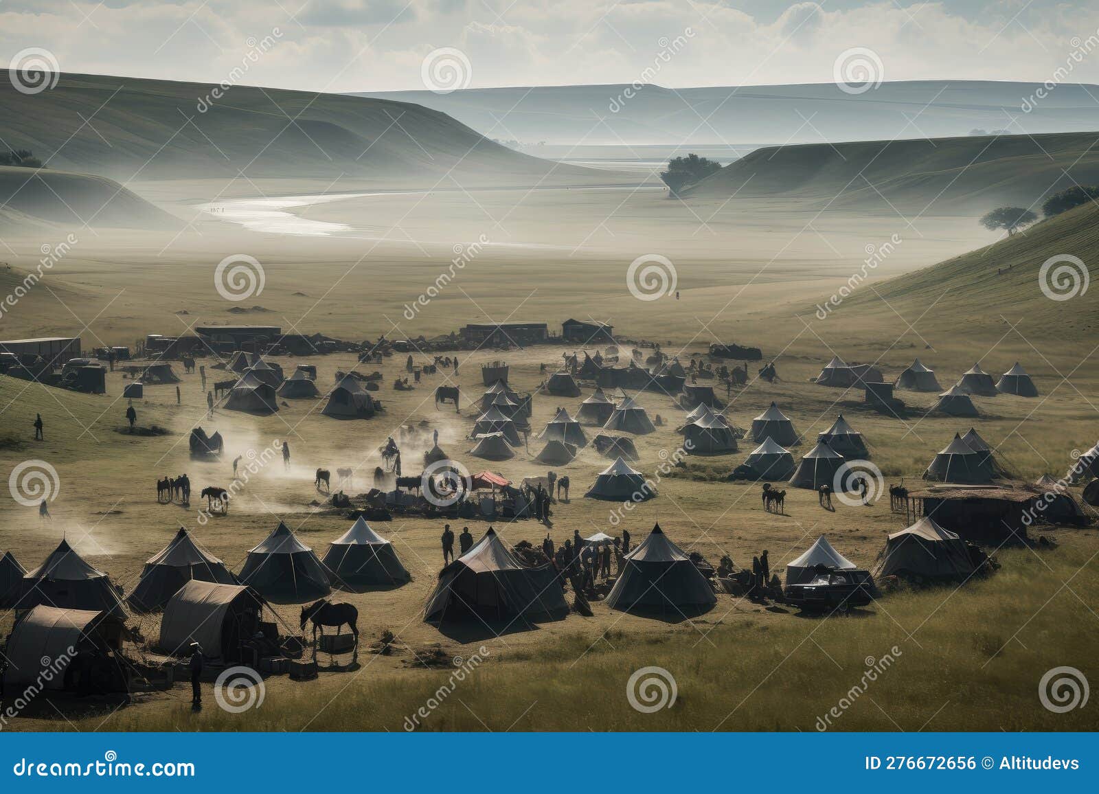 Nomadic Tribe Setting Up Camp With Tents, Animals, And Fire Stock Photo ...