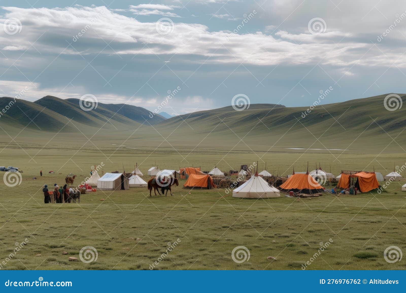 Nomadic Tribe Setting Up Camp in Wide, Open Valley Stock Photo - Image ...