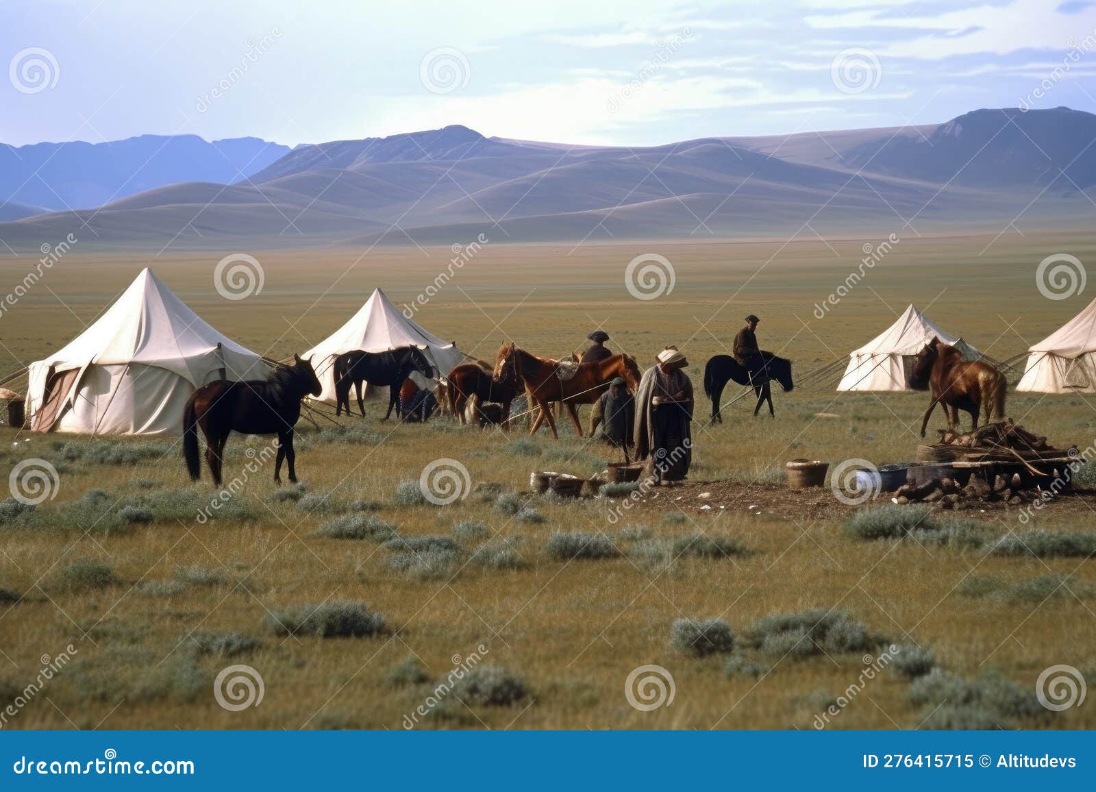 Nomadic Tribe Setting Up Camp on Windswept Plain, with Tents and ...