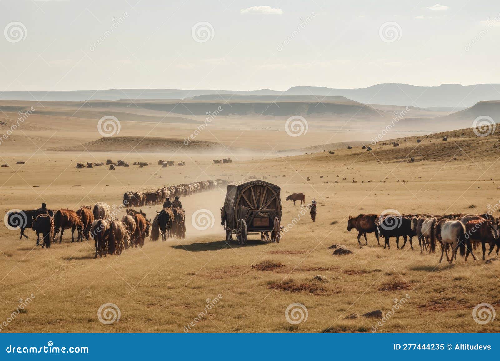 Nomadic Tribe Traversing Vast, Open Landscape with Pack Animals and ...