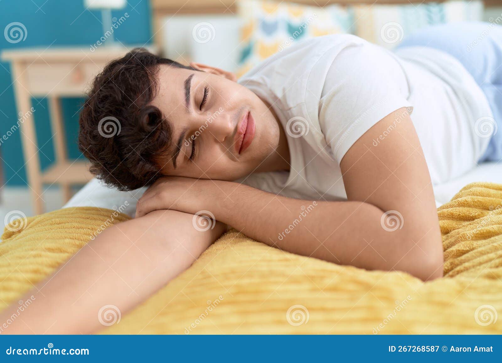 Non Binary Man Smiling Confident Lying on Bed at Bedroom Stock Image ...