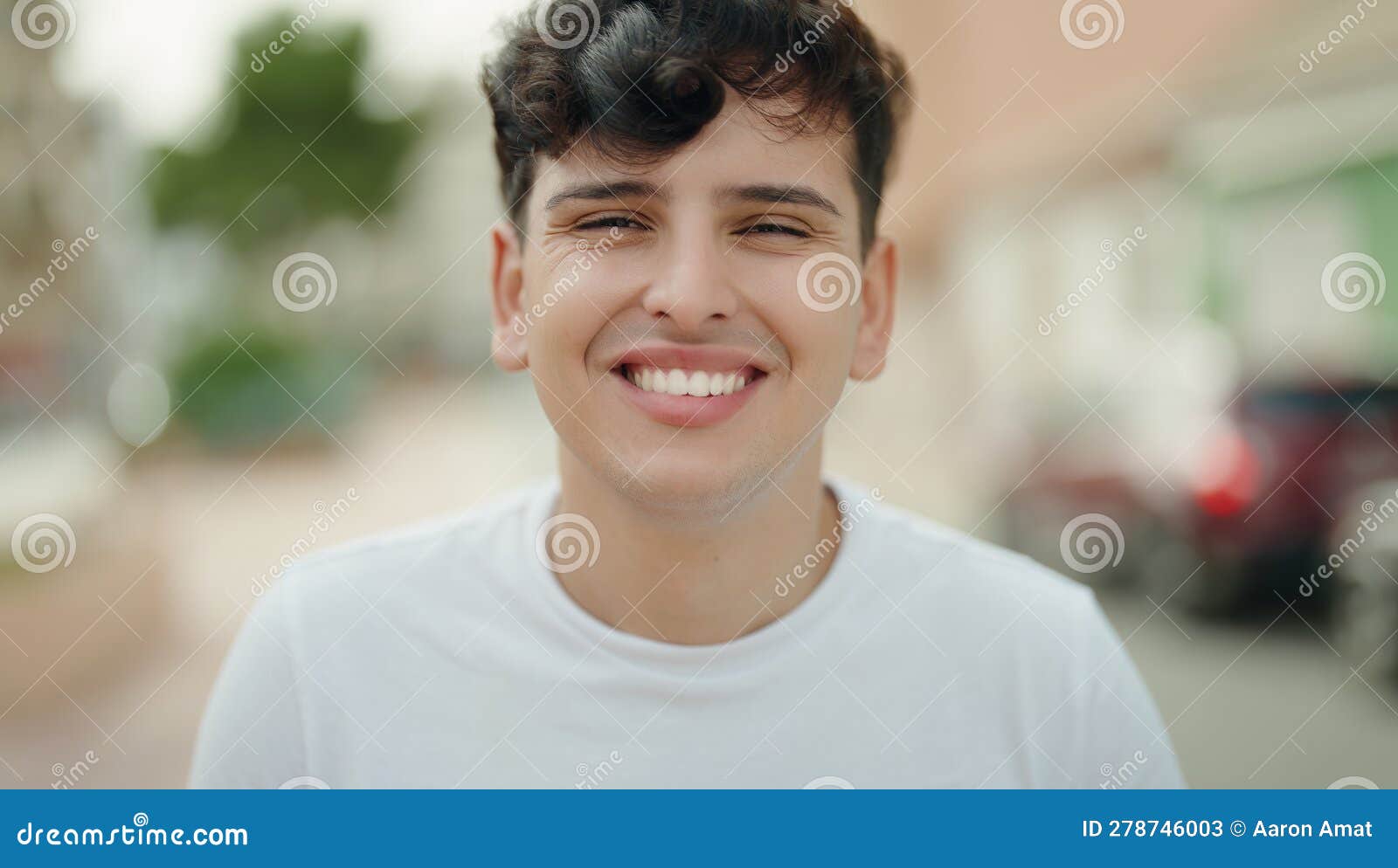 Non Binary Man Smiling Confident Standing at Street Stock Image - Image ...