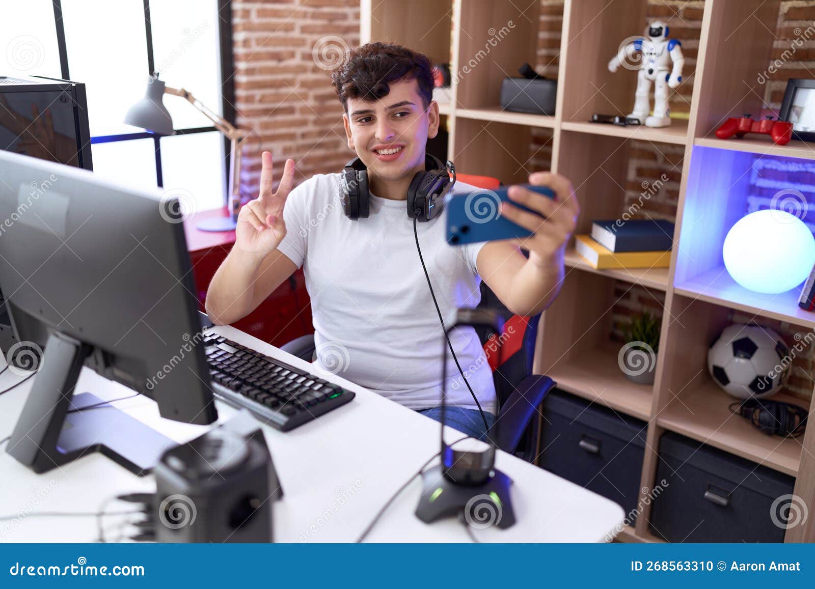 Non Binary Man Streamer Smiling Confident Make Selfie by Smartphone at ...