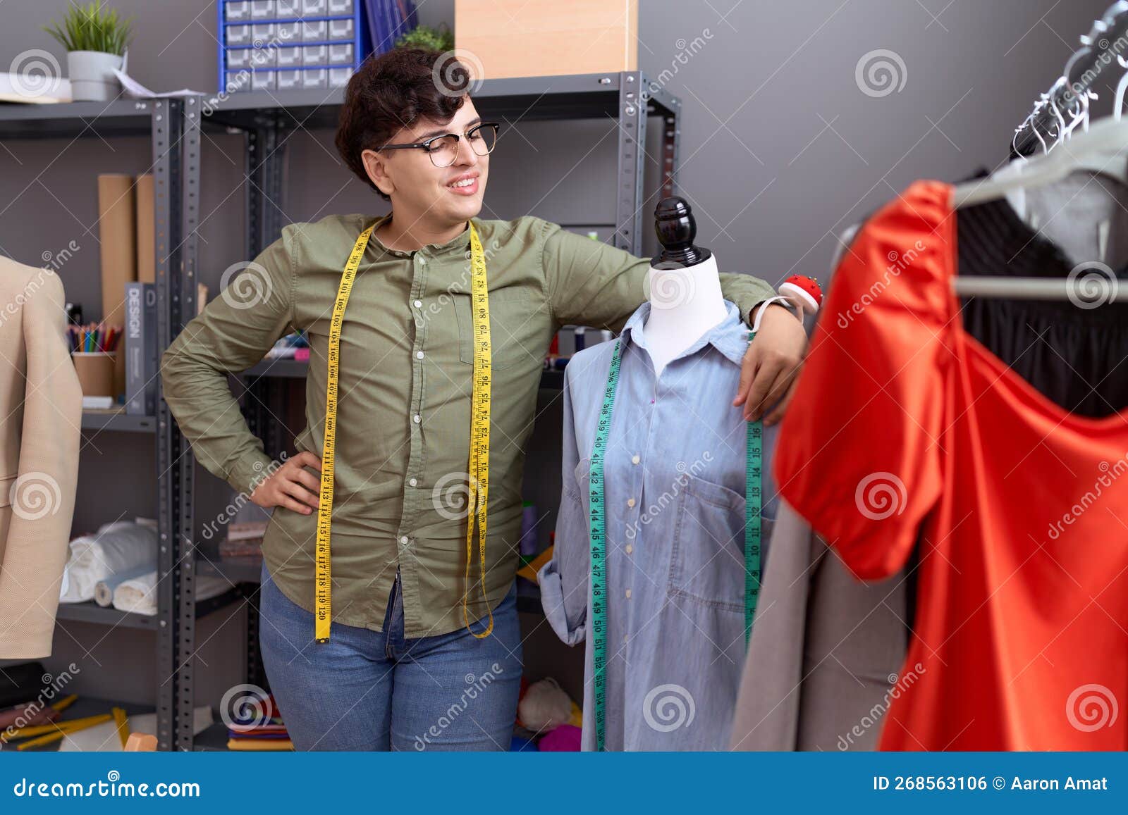 Non Binary Man Tailor Smiling Confident Leaning on Manikin at Atelier Stock Photo - Image of ...