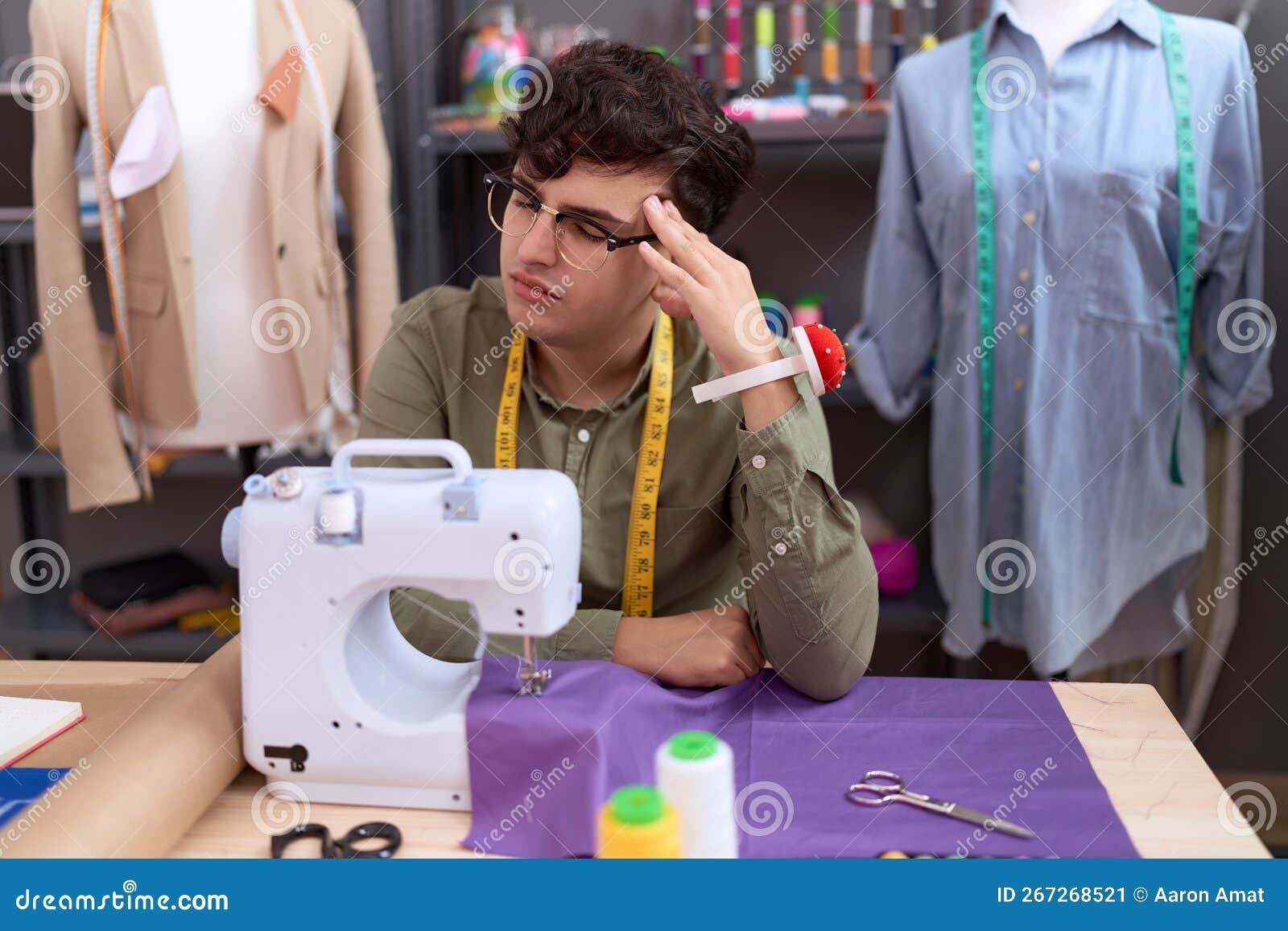 Non Binary Man Tailor Stressed Using Sewing Machine Suffering for ...