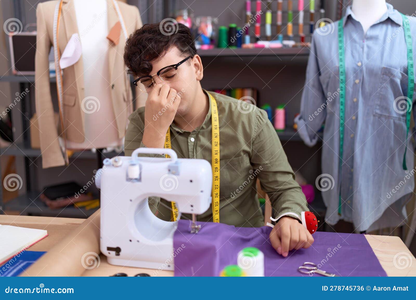 Non Binary Man Tailor Stressed Using Sewing Machine Suffering for ...