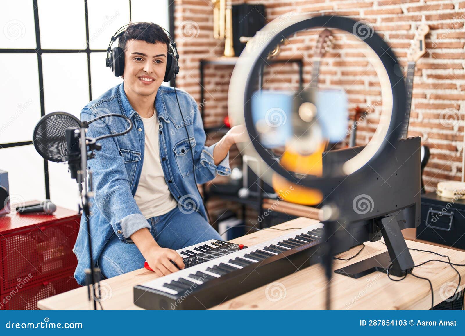 Non Binary Person Doing Online Music Tutorial Celebrating Achievement ...