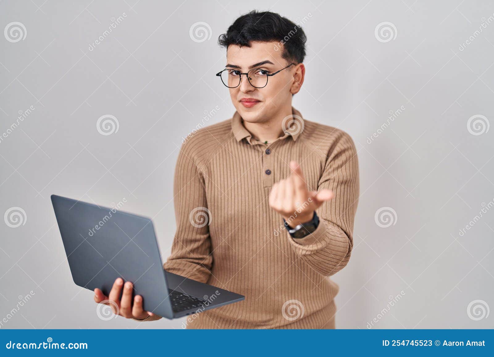 Non Binary Person Using Computer Laptop Beckoning Come Here Gesture ...