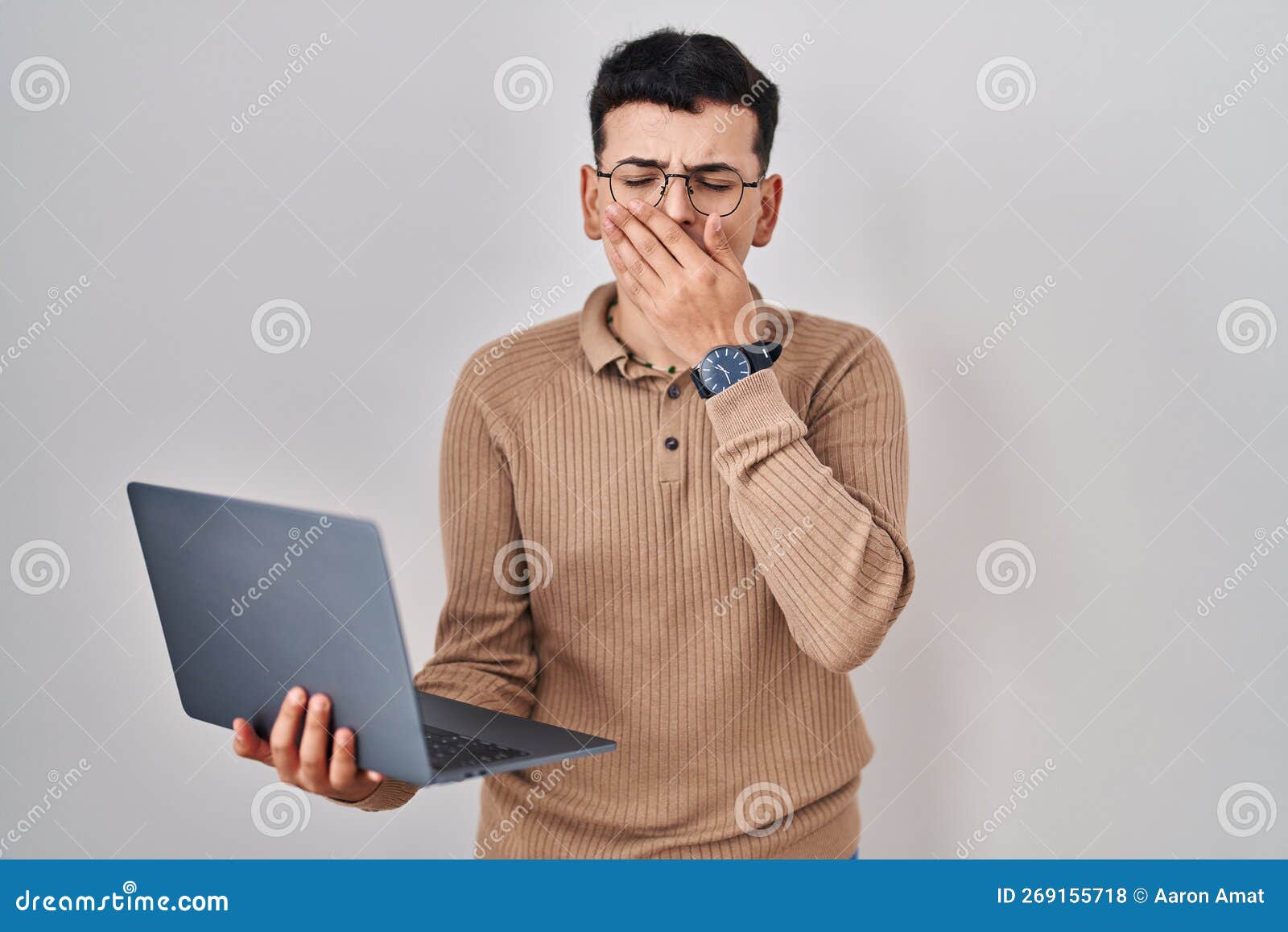 Non Binary Person Using Computer Laptop Bored Yawning Tired Covering ...