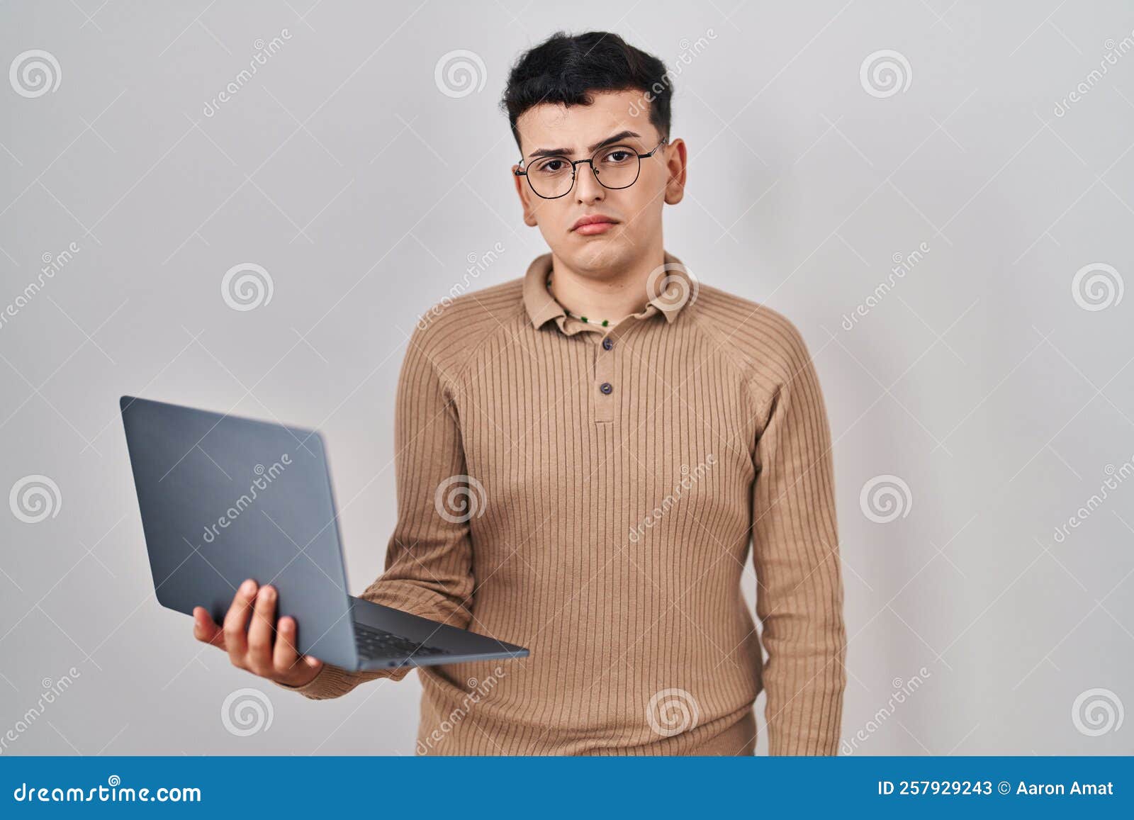 Non Binary Person Using Computer Laptop Depressed and Worry for ...