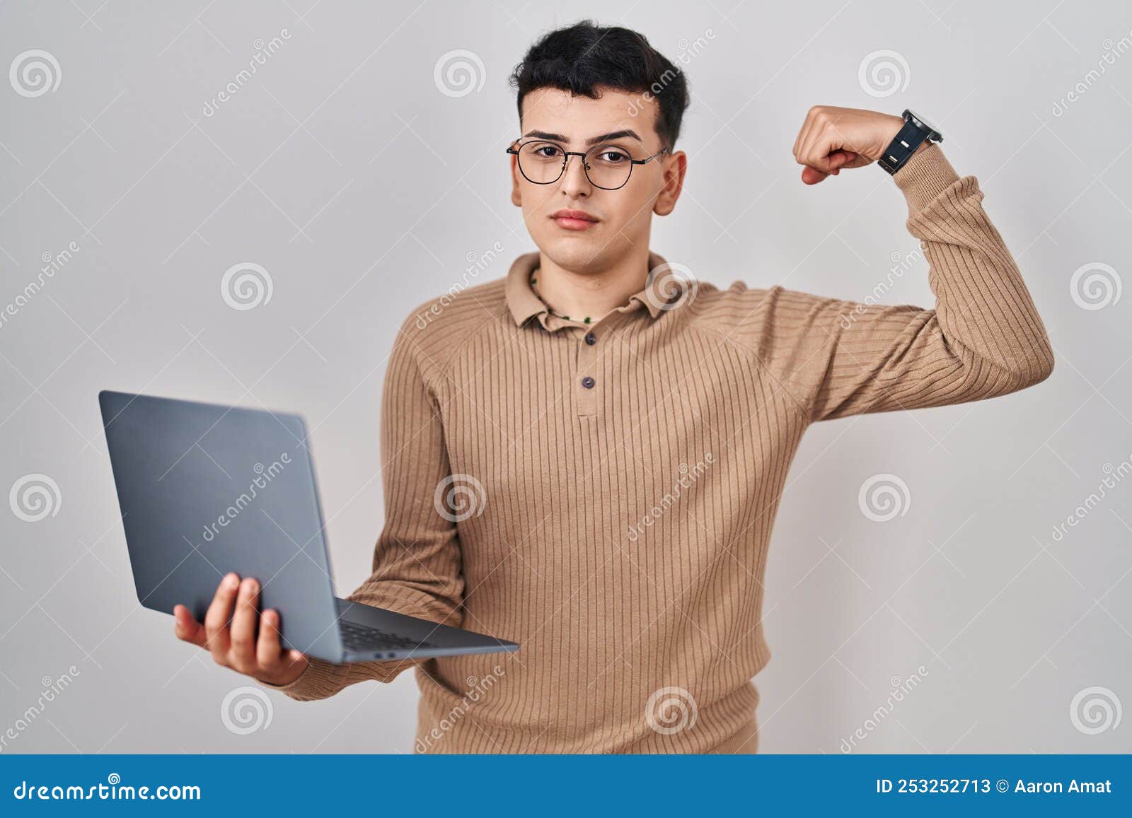 Non Binary Person Using Computer Laptop Strong Person Showing Arm ...