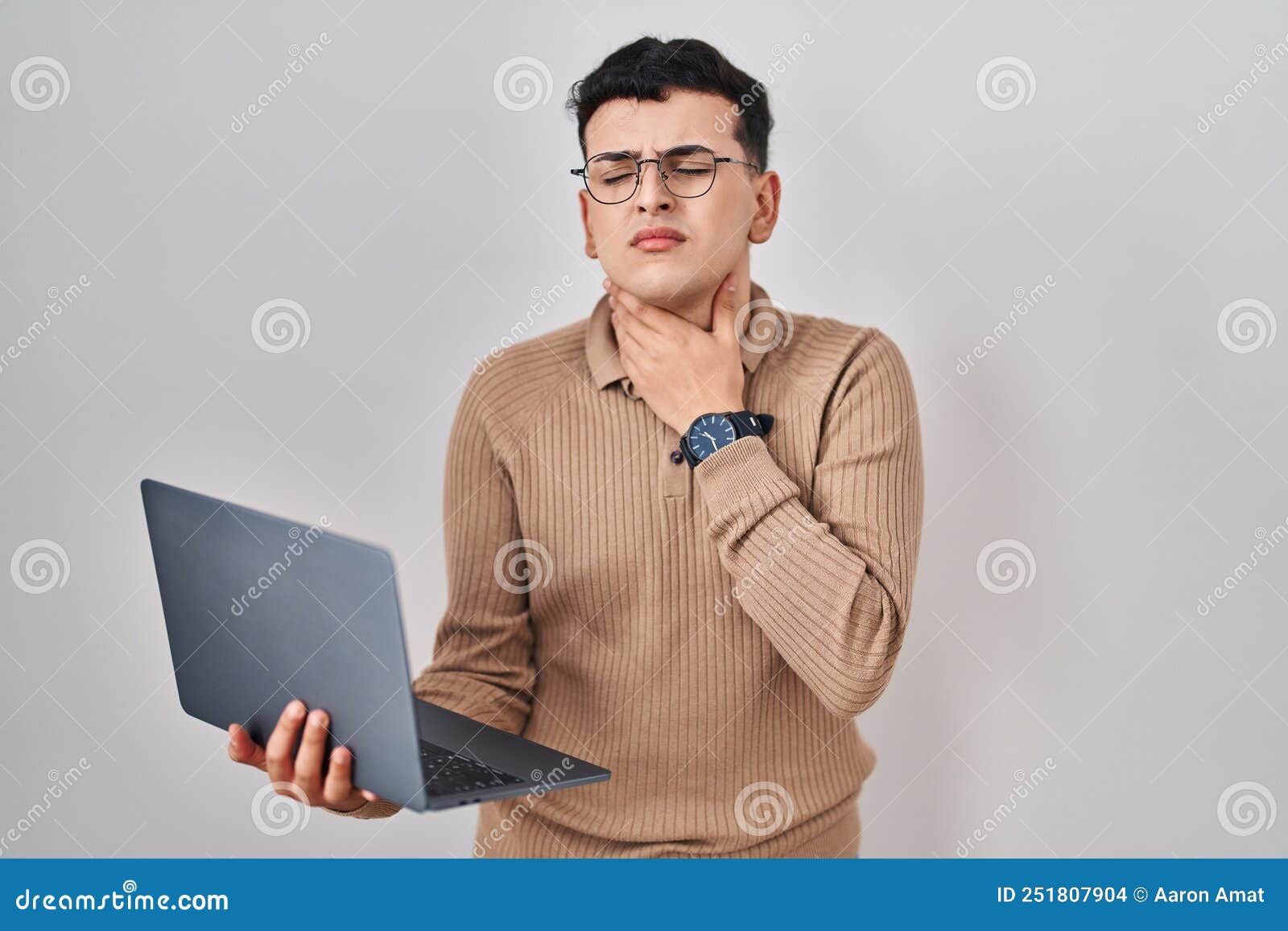 Non Binary Person Using Computer Laptop Touching Painful Neck, Sore ...