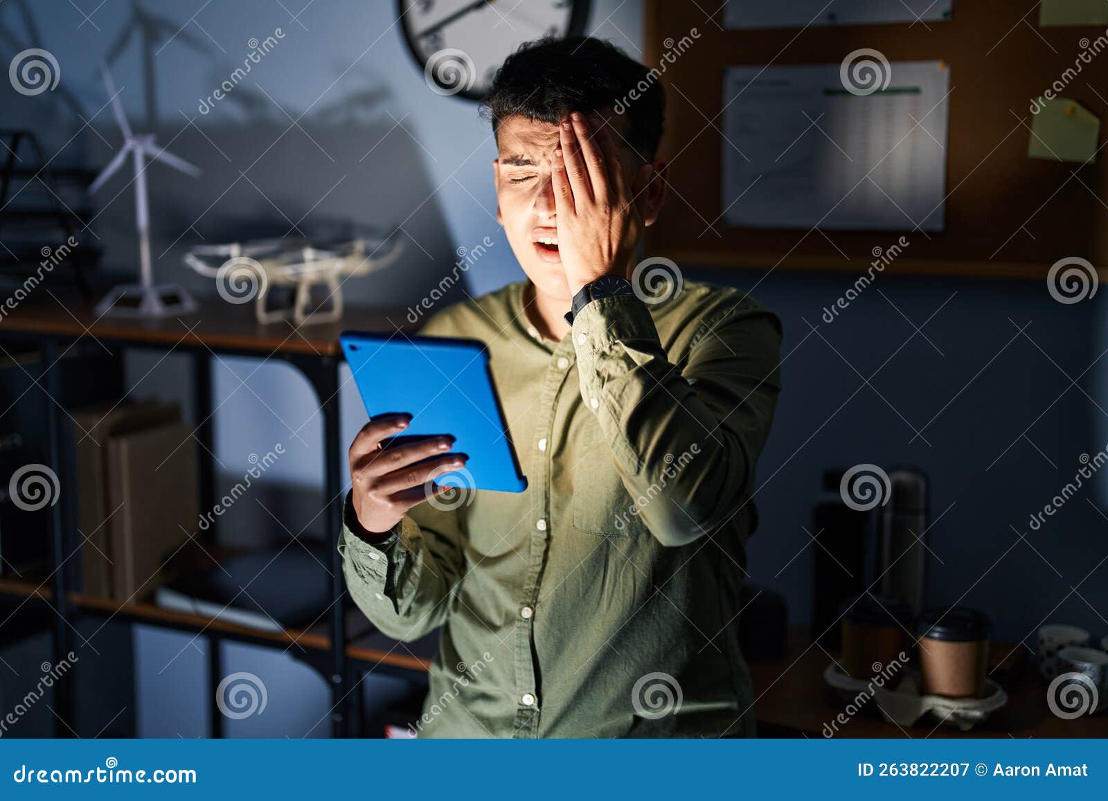 Non Binary Person Using Touchpad Device at Night Yawning Tired Covering ...