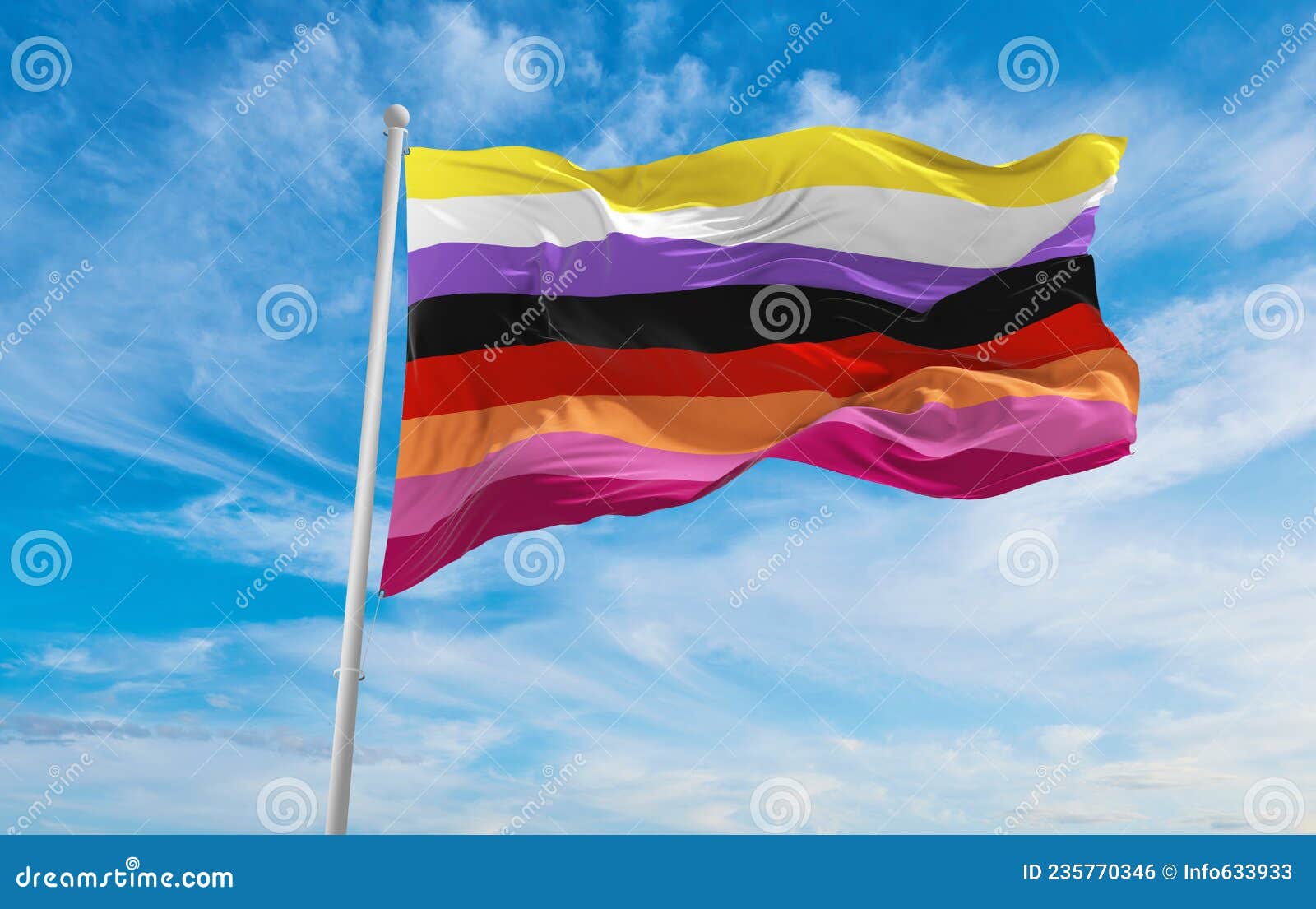 Nonbinary Lesbian Flag Waving In The Wind At Cloudy Sky Freedom And
